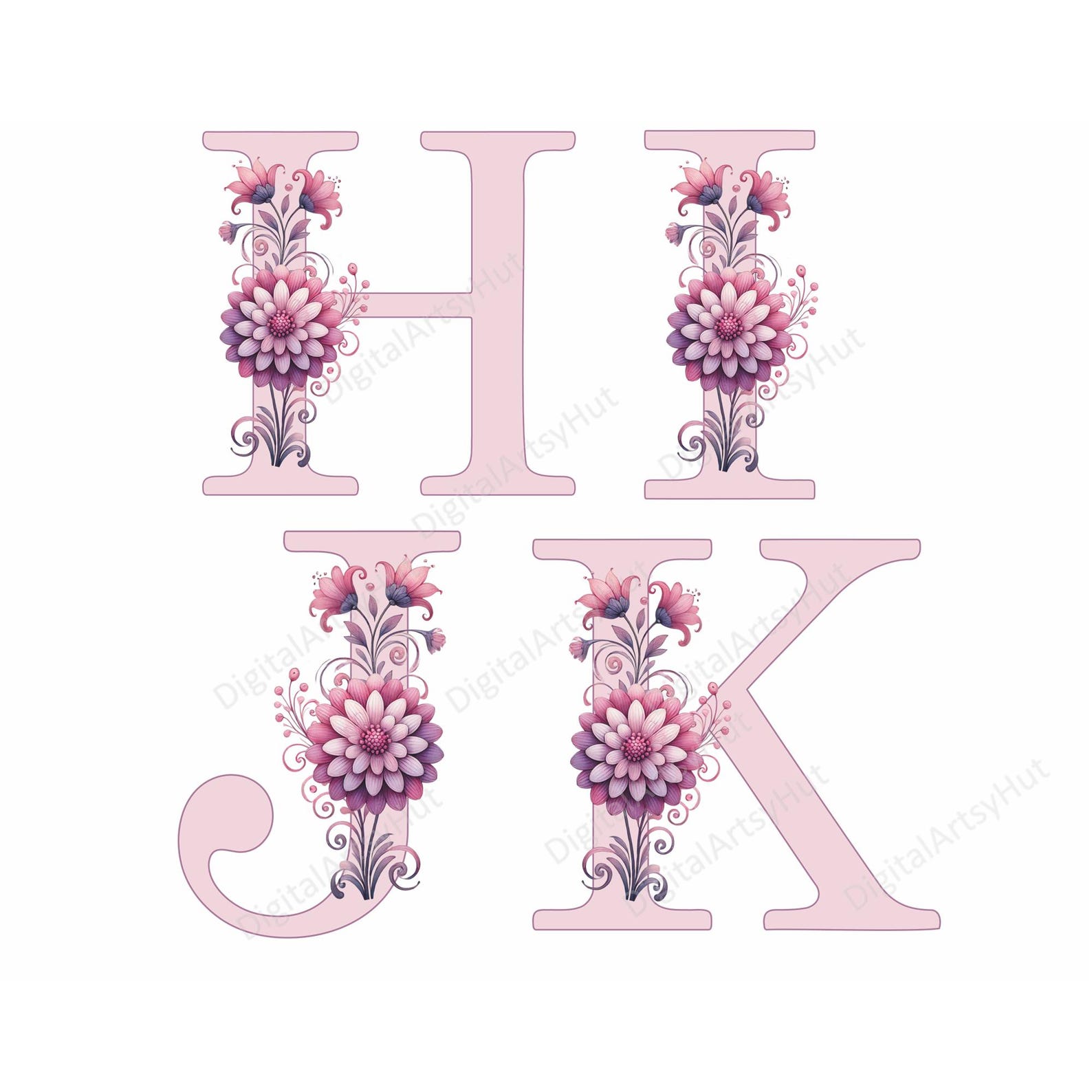 Floral Alphabet Clipart Bundle: Pink Flower Letters (PNG Digital ...