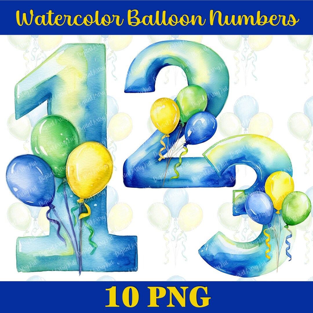 Watercolor Balloon Numbers Clipart. Birthday Anniversary Celebration ...