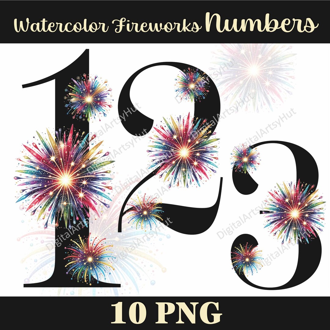 Watercolor Numbers Clipart With Watercolor Fireworks. Festive, New Year ...