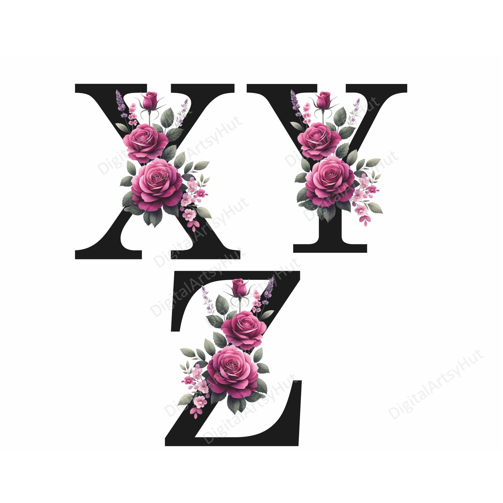 Floral Alphabet PNG Clipart: Pink Watercolor Roses (digital Download ...