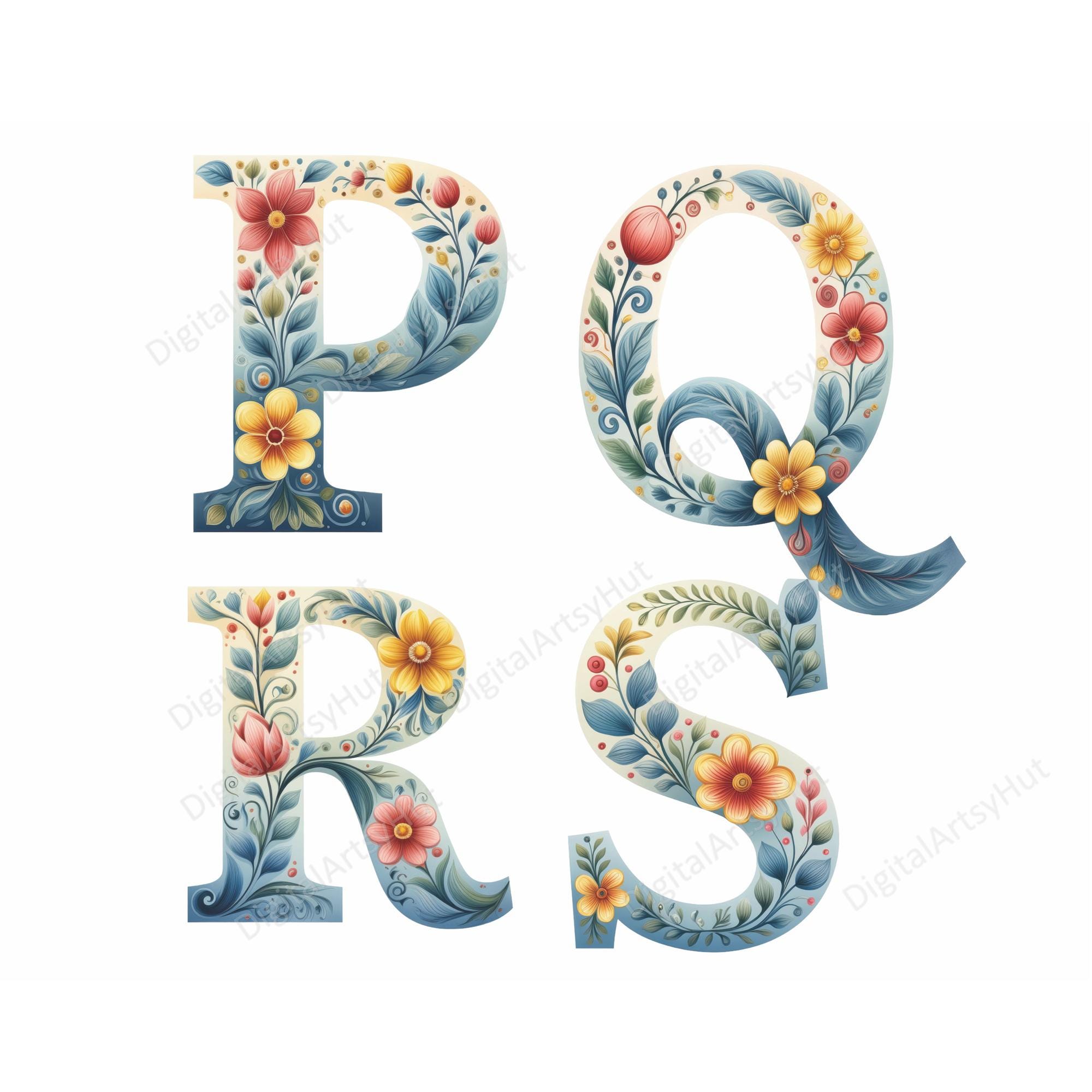 Watercolor Floral Alphabet PNG Bundle: Decorative Letters (digital ...