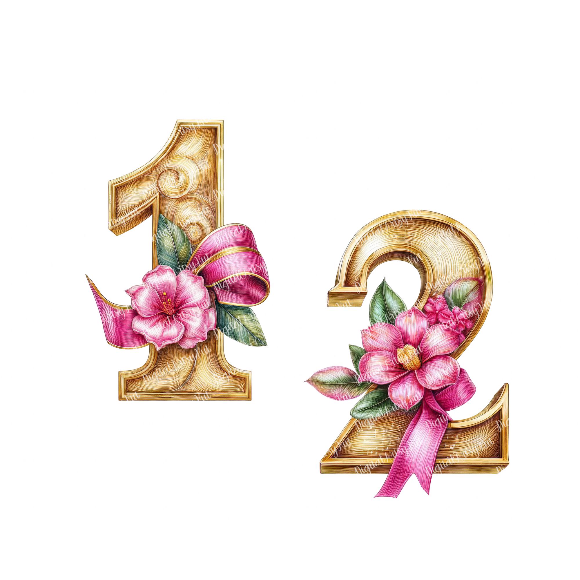 Golden Floral Numbers Clipart PNG With Ribbons. Printable Numbers ...