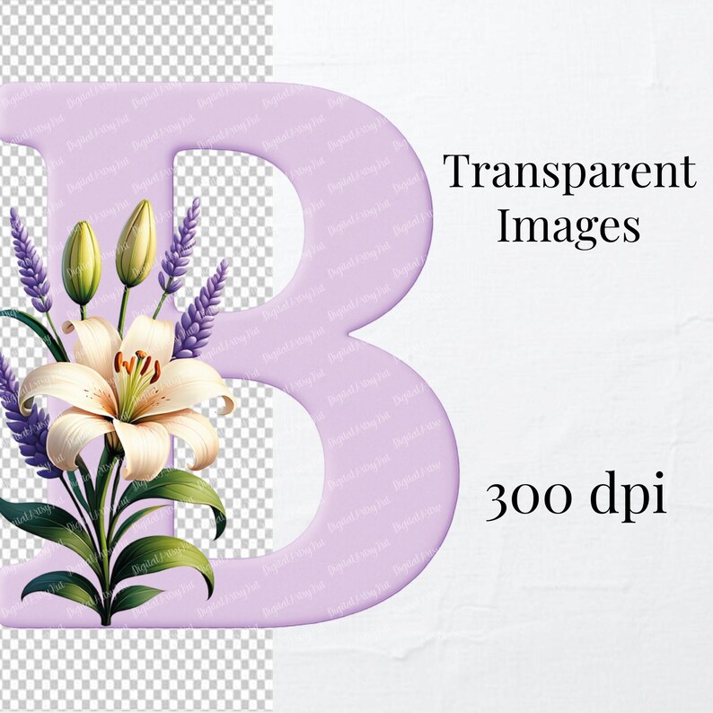 Floral Lily Lavender Alphabet Clipart: Sublimation Letters (PNG Digital ...