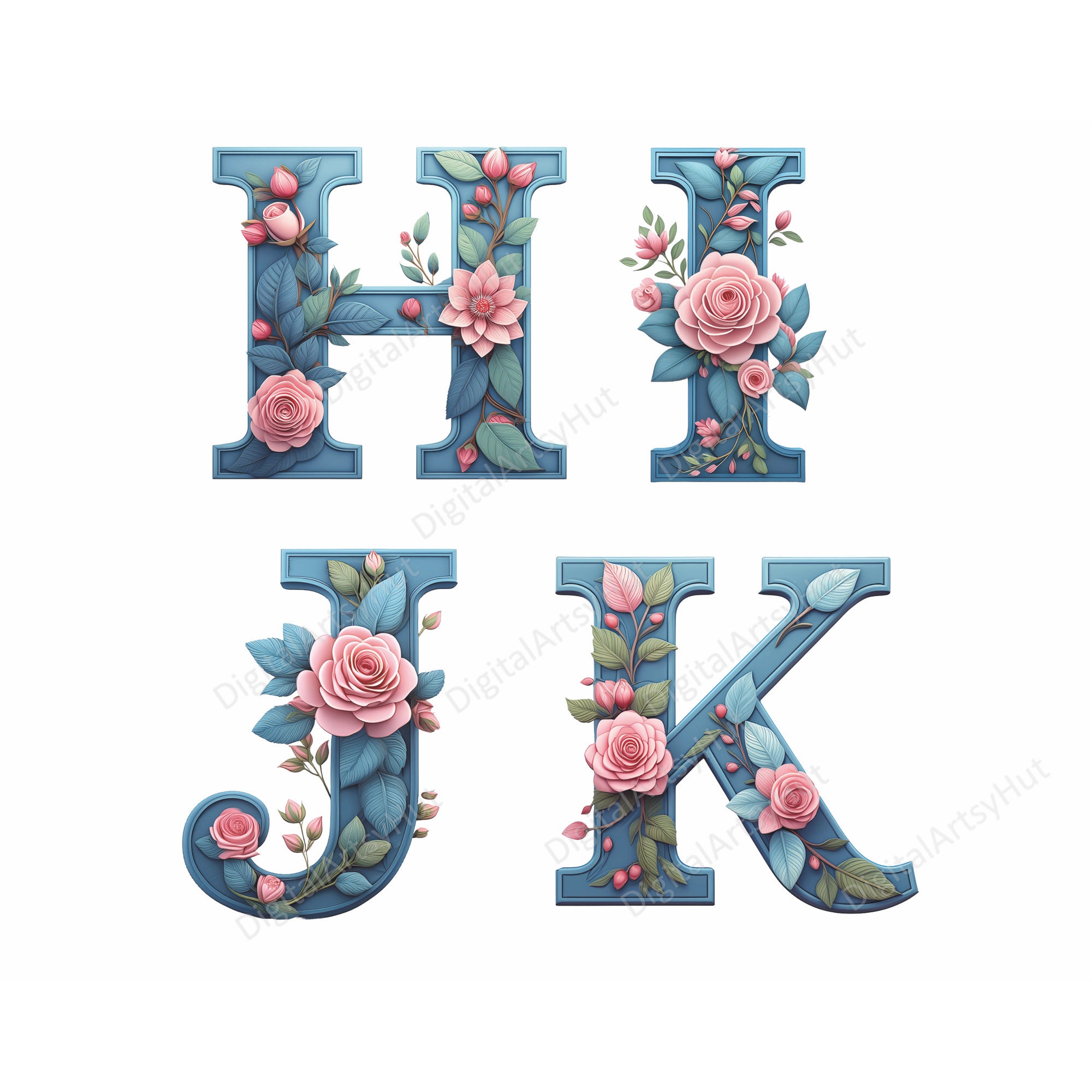Floral Letters Uppercase Alphabet PNG Bundle. 3d Letters Decorative ...