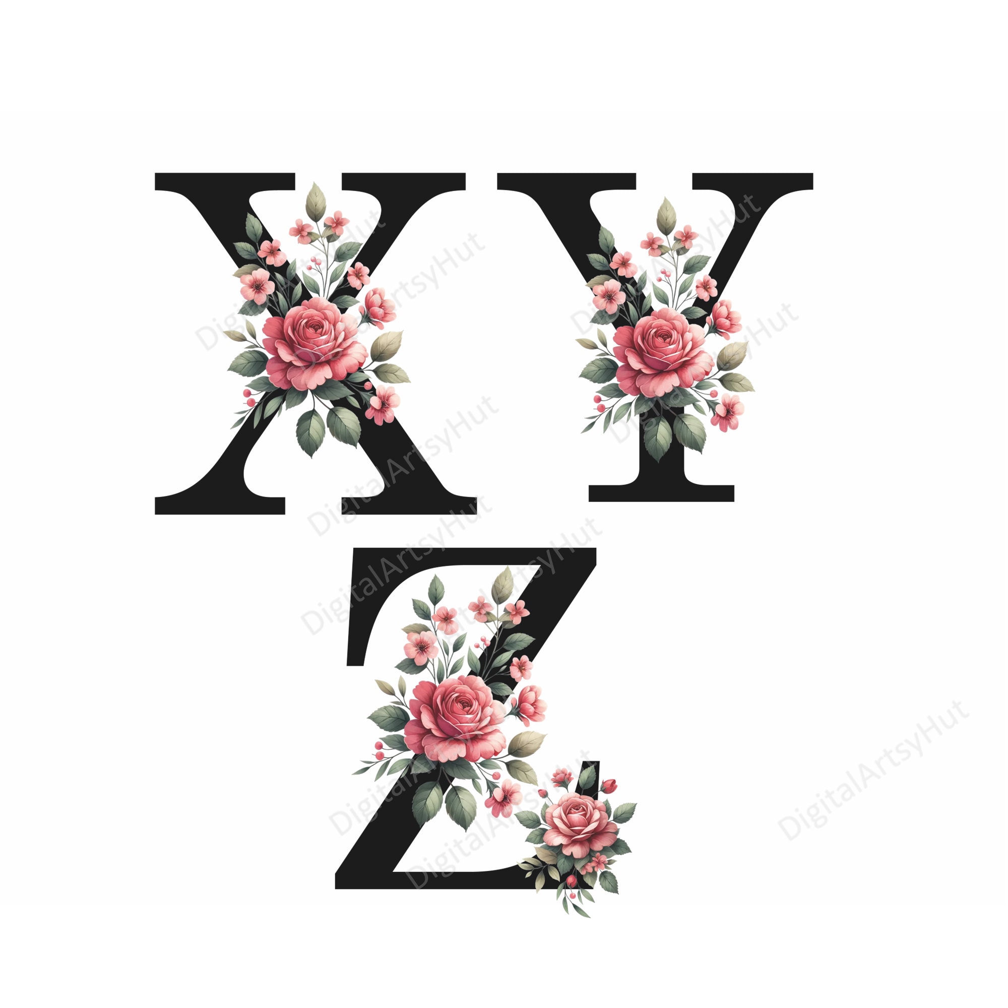 Floral Alphabet PNG Bundle With Pink Watercolor Roses. Sublimation ...