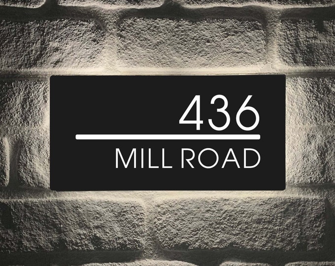 Custom House Address Signs | Modern Glossy Black Sign | White LED ...