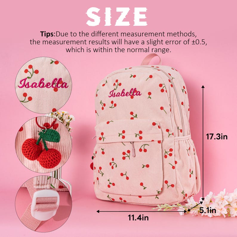 Personalized Cherries Corduroy Backpack, Custom Name Toddler School Bag ...