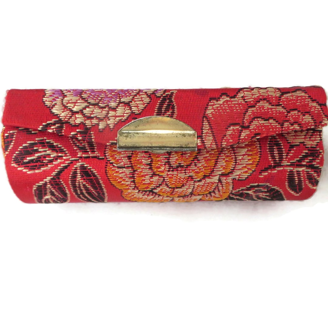 Vintage Lipstick Case Red Brocade Flowers Mirrored Lipstick Holder ...