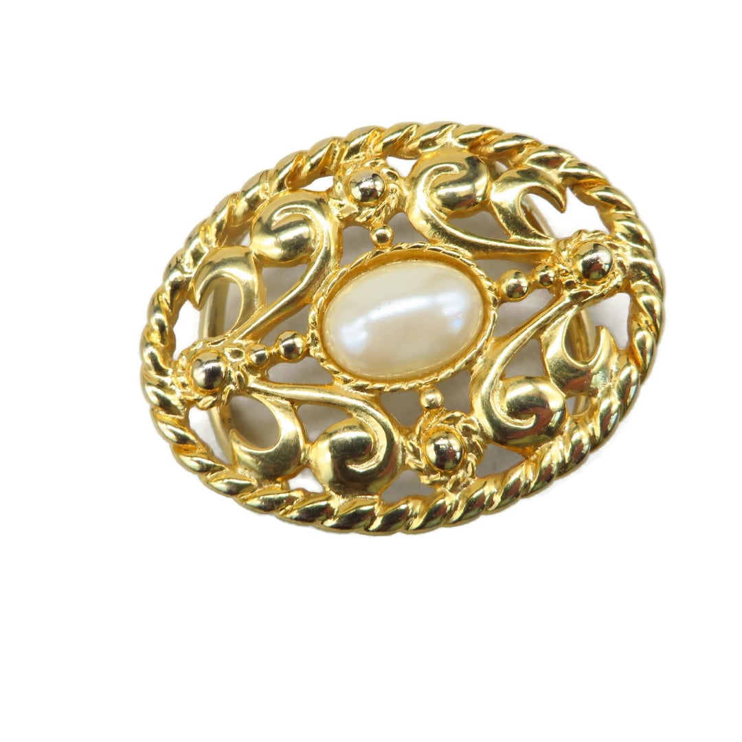 Vintage Scarf Slide, Faux Pearl, Victorian Style Gold Tone Scarf Holder ...