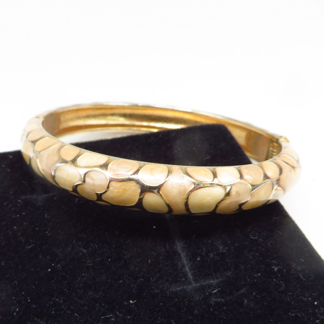 JOAN RIVERS Cream and Gold Bangle, Mosaic Pattern Hinged Cuff Bracelet ...