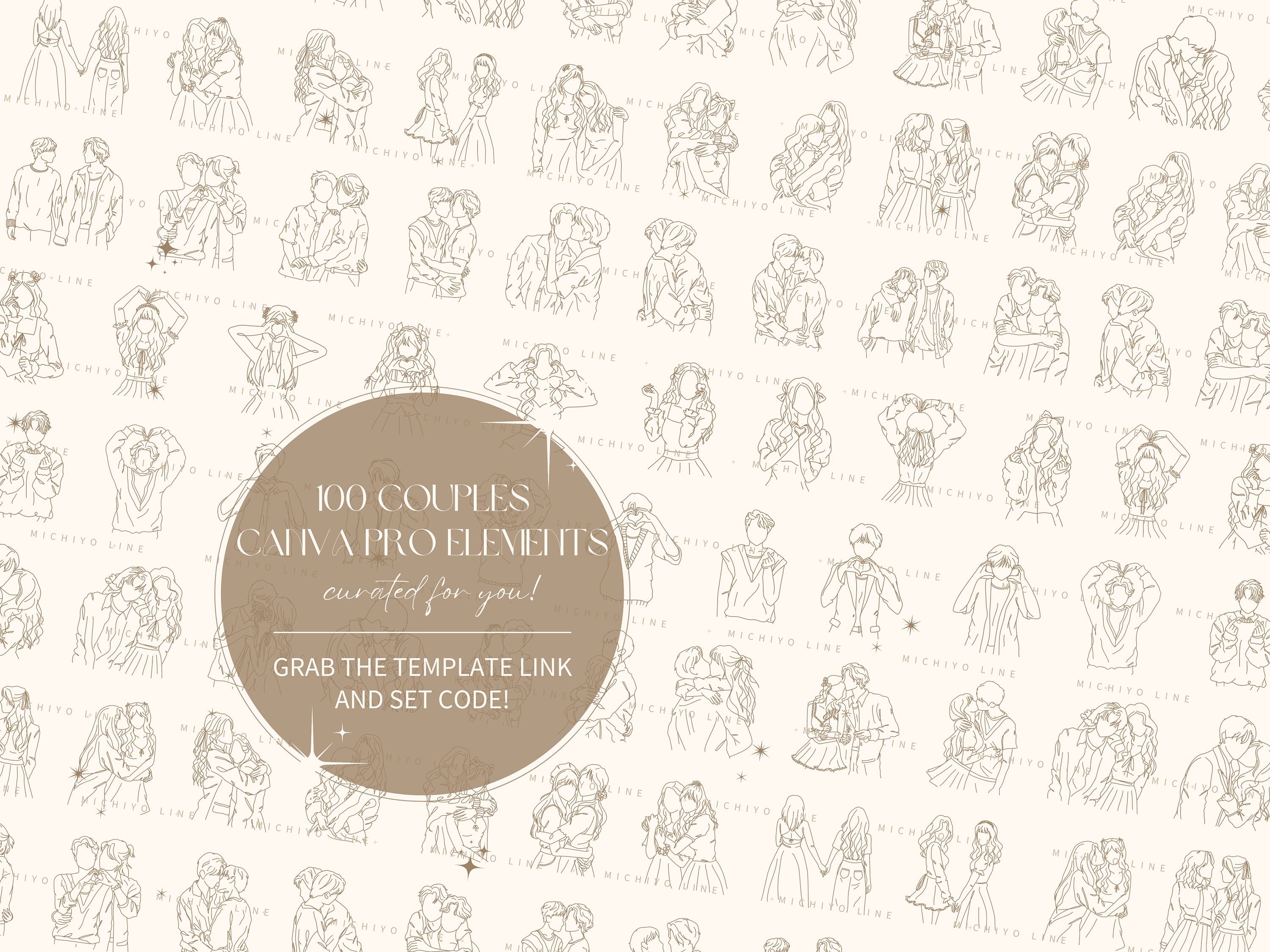 Couple Line Drawing SVG Canva Element Template, Male and Female Line ...