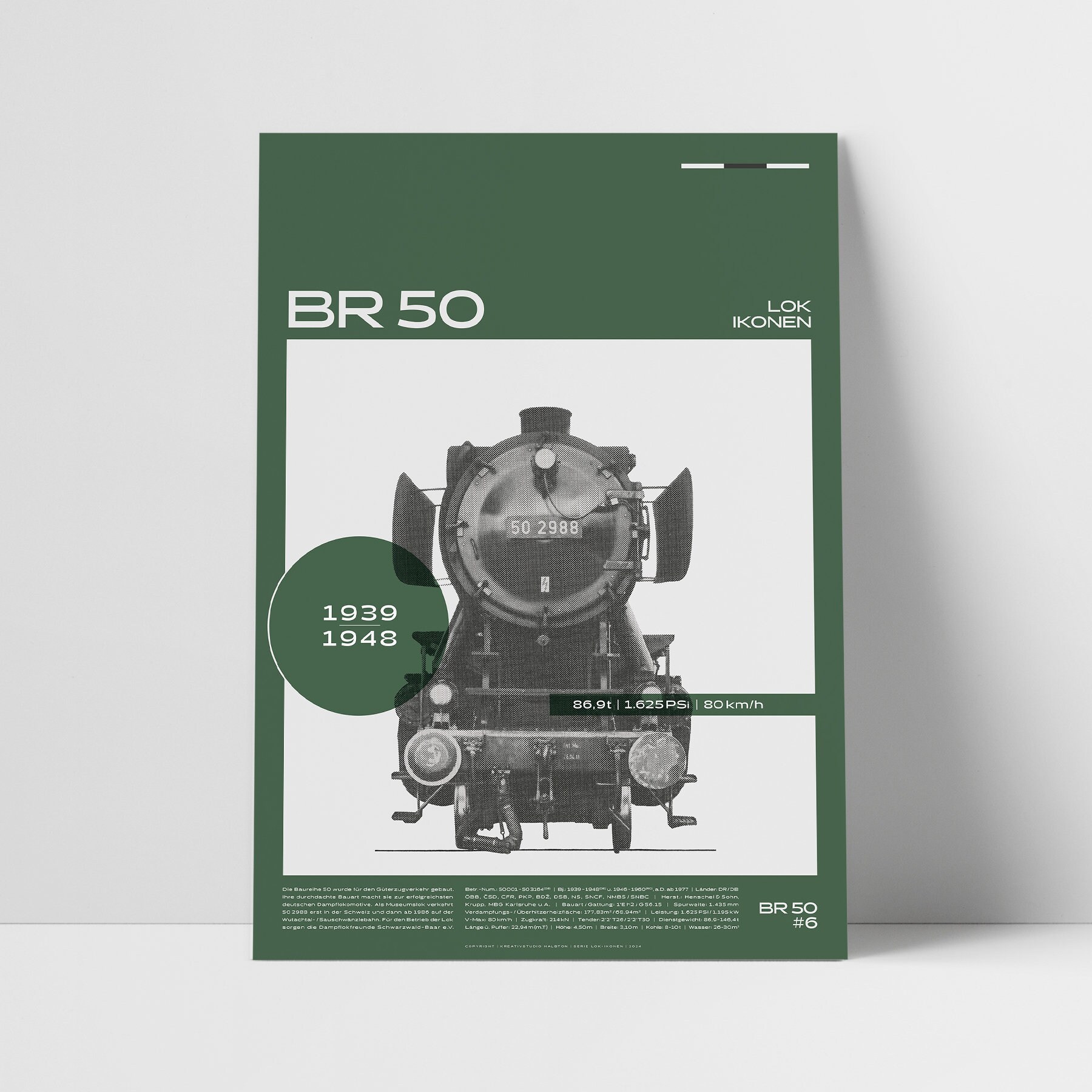 Eisenbahn Poster, Dampflokomotive BR 50 Info-Plakat, tannengrün ...