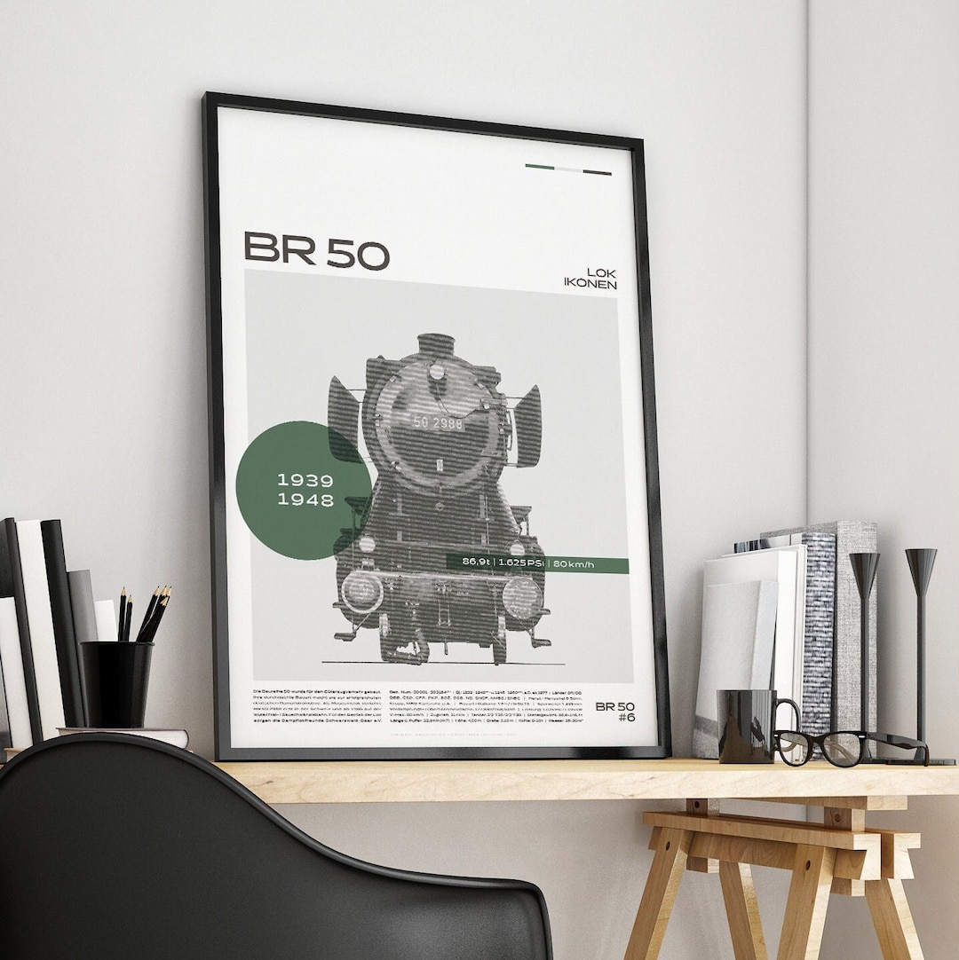 Railway Poster, Steam Locomotive BR 50 Information Poster, White Gift ...