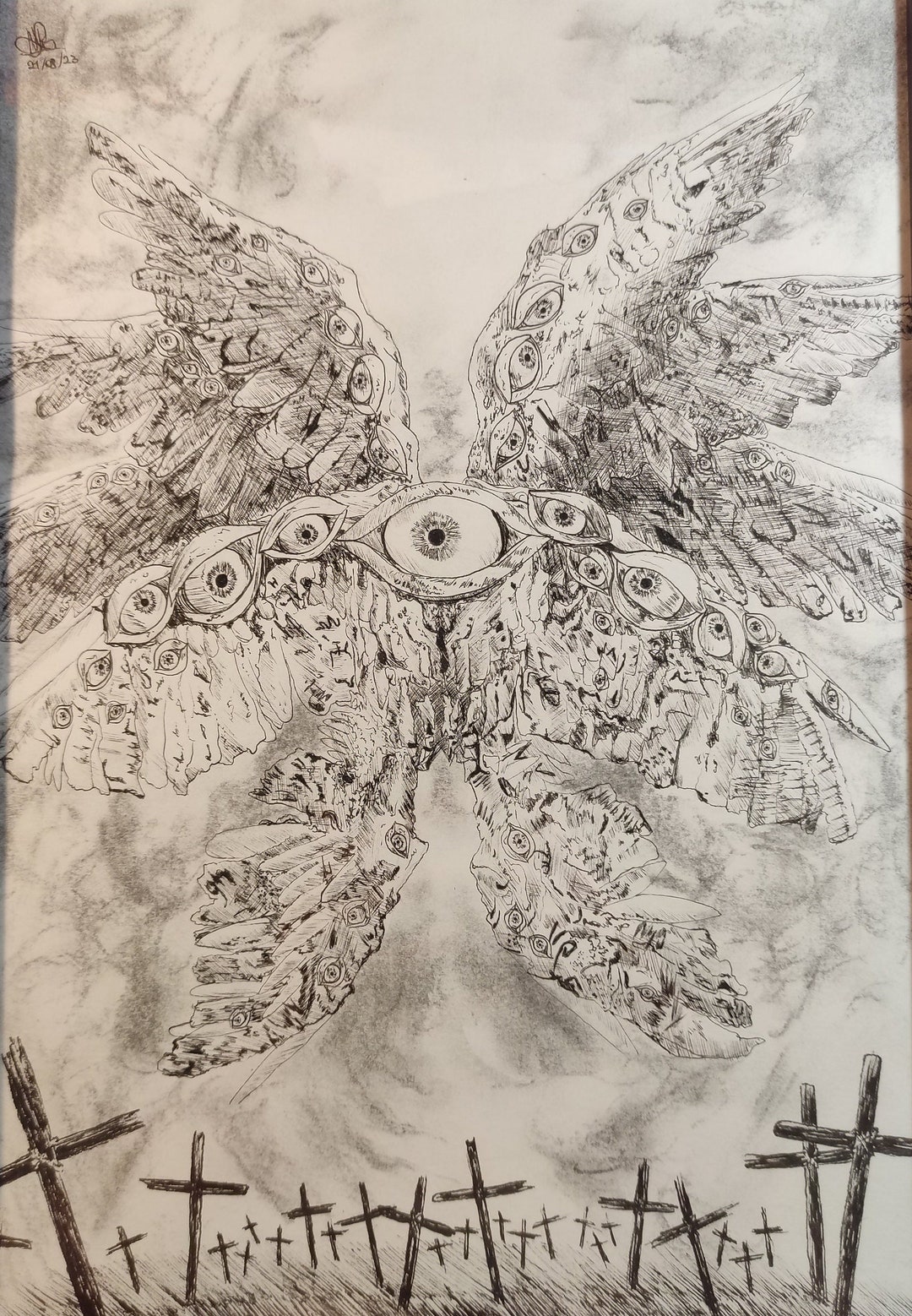 Black Ink Angel Drawing - Etsy