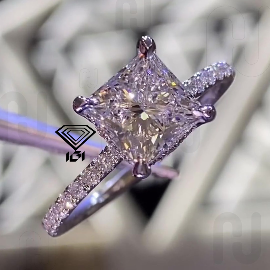 2 CT Princess Cut Lab Grown Diamond Engagement Ring Pave Wedding Ring E/VS1 Lab Created Diamond ...