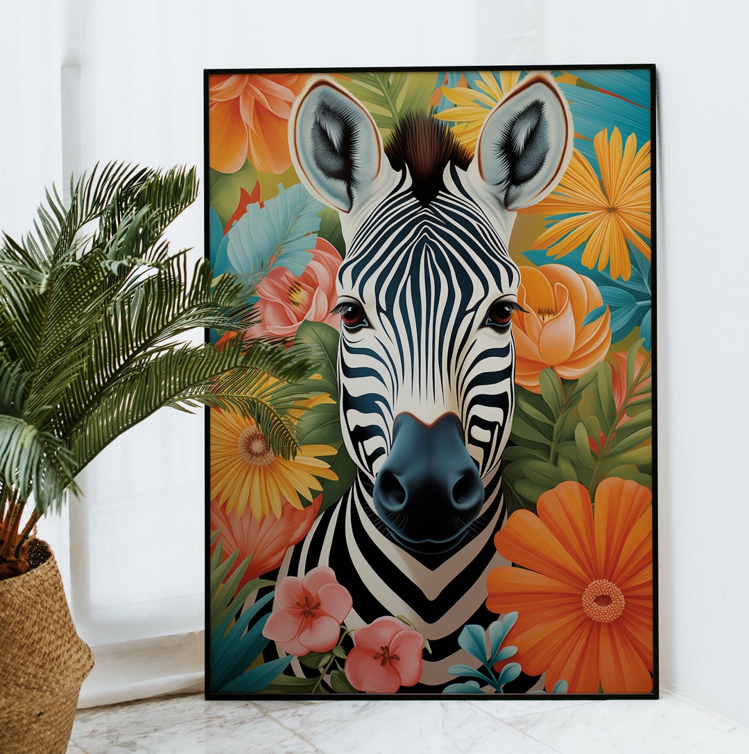 Zebra Wall Art Print, Botanical Zebra, Colourful Zebra Prints, Bathroom ...