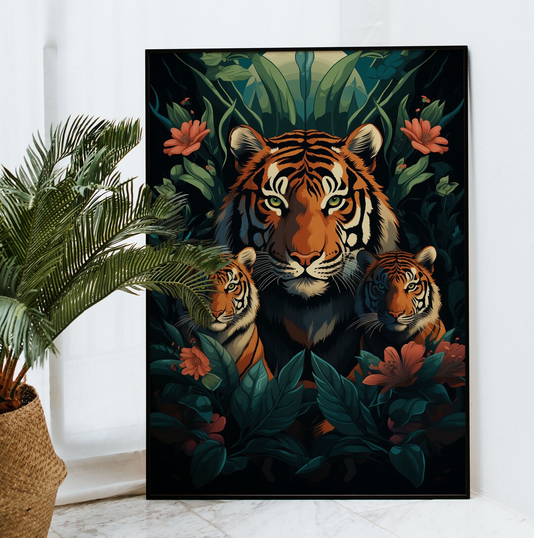 Tiger Wall Art Print, Botanical Tiger, Colourful Tiger Prints, Digital ...