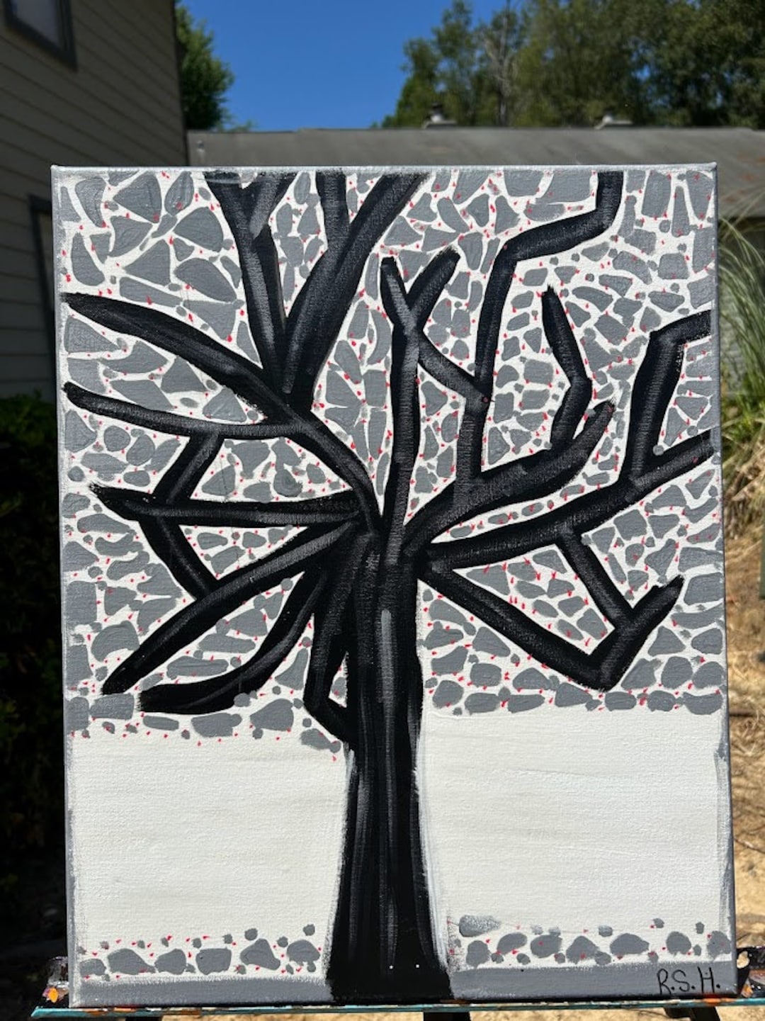 MENTAL Health Gray Leaves Tree PAINTING, DEPRESSION Gray Leaves and Red ...