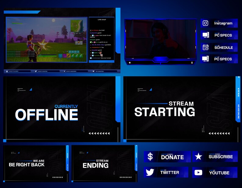 Twitch Overlay Package Blue Edge Animated Stream Overlay Pack Animated ...