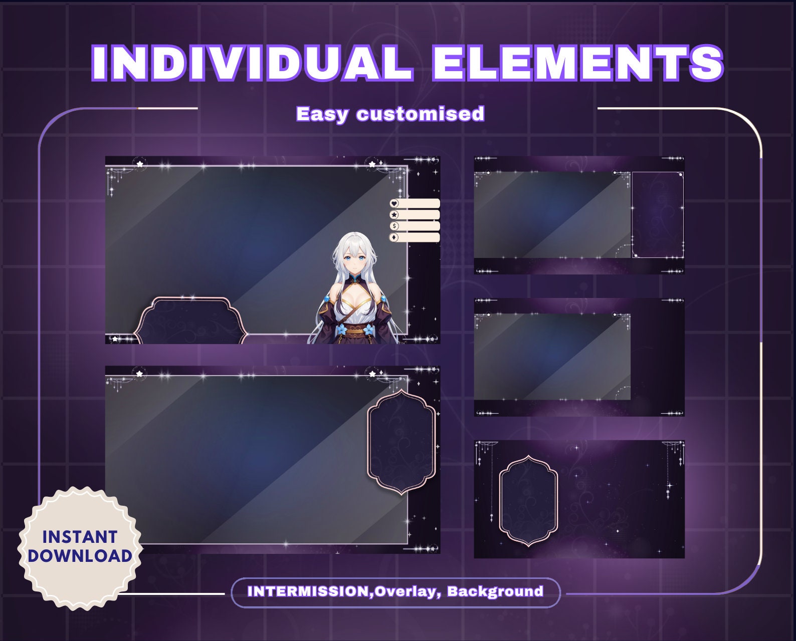 Purple Glow Shimmer Starlight Animated Stream Pack Minimal, Starry, Elegant Theme Overlays ...