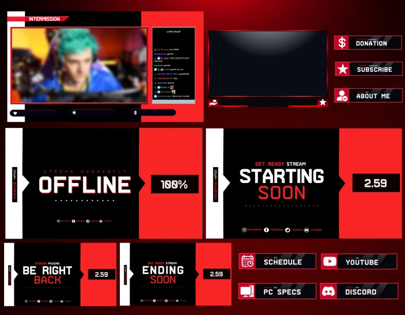 Animated Twitch Overlay Tech, Digital Red Stream Package, Panels, Scene ...