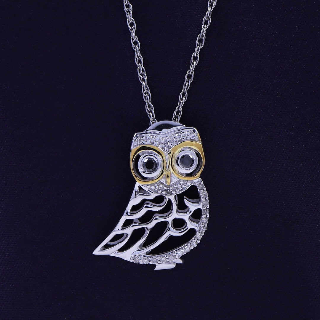 1/10 Carat Black & White Natural Diamond Two Tone Owl Pendant Necklace ...