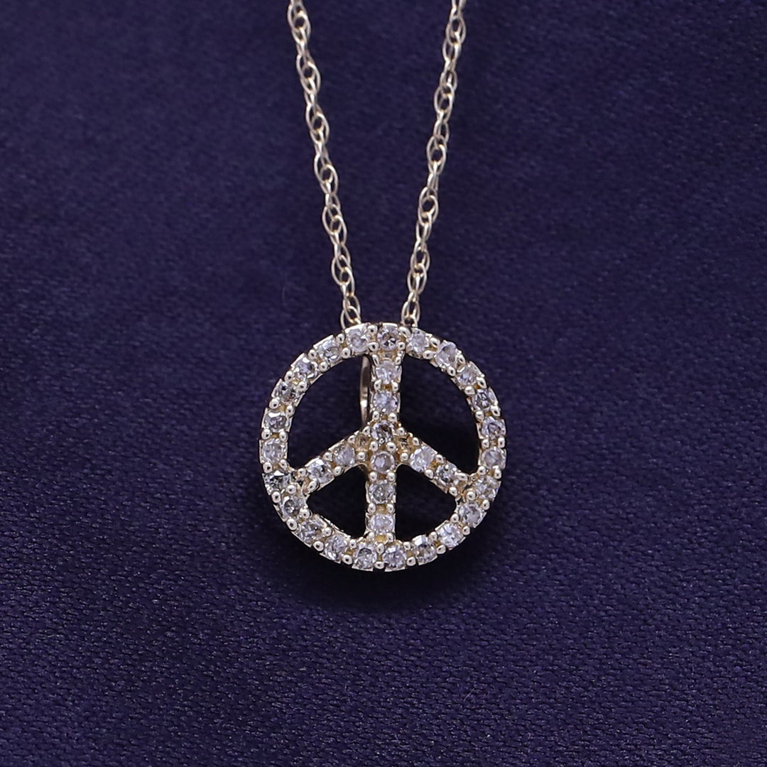 0.09 Carat Natural Diamond Peace Sign Pendant Necklace in 14K Solid ...