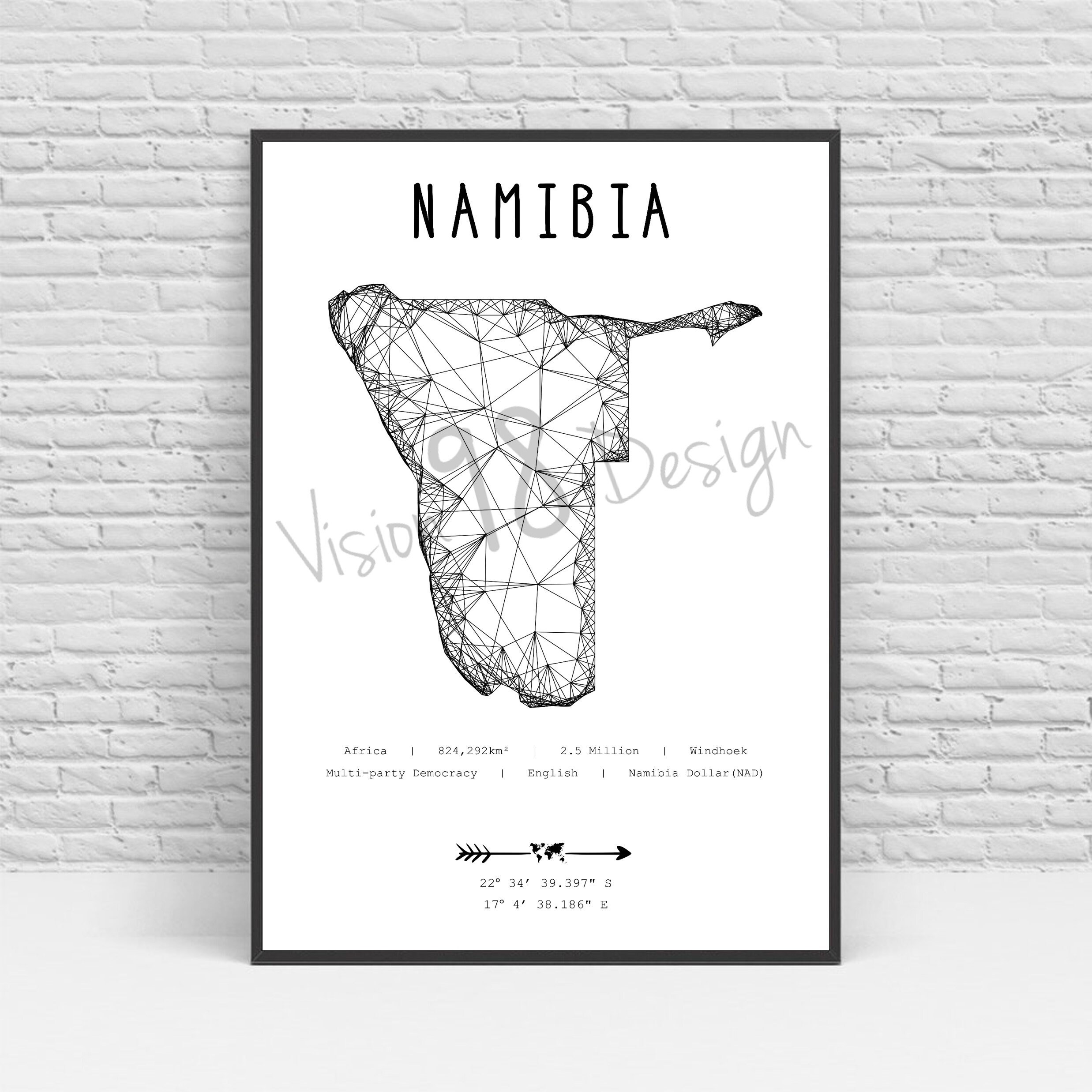 Map Namibia Print, Map, Poster, Africa, Windhoek, Wall, Decoration ...