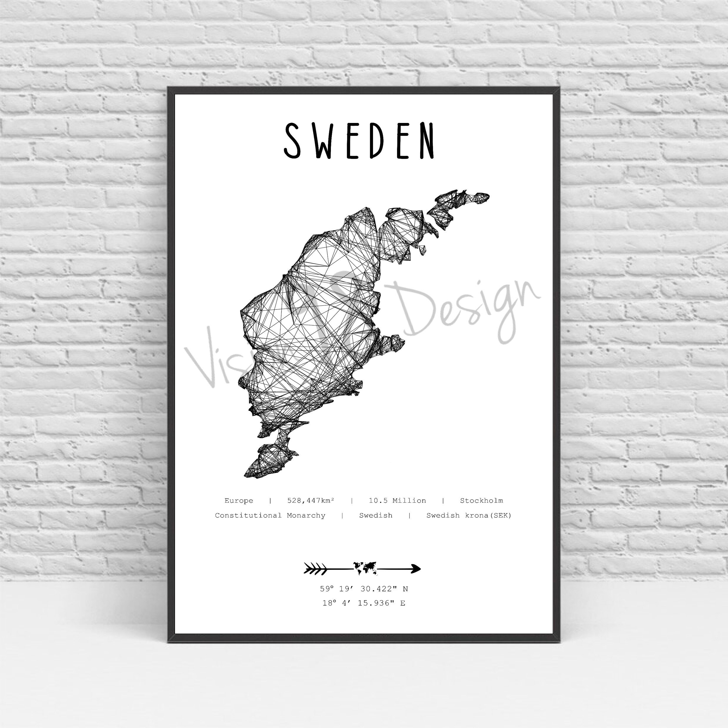 Map Sweden Print, Map, Poster, Europe, Stockholm, Wall, Decoration ...