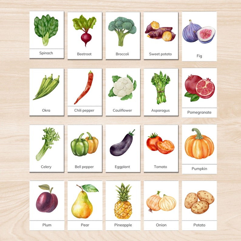 Watercolor Fruits and Vegetables Flash Card, Printable Cards ...
