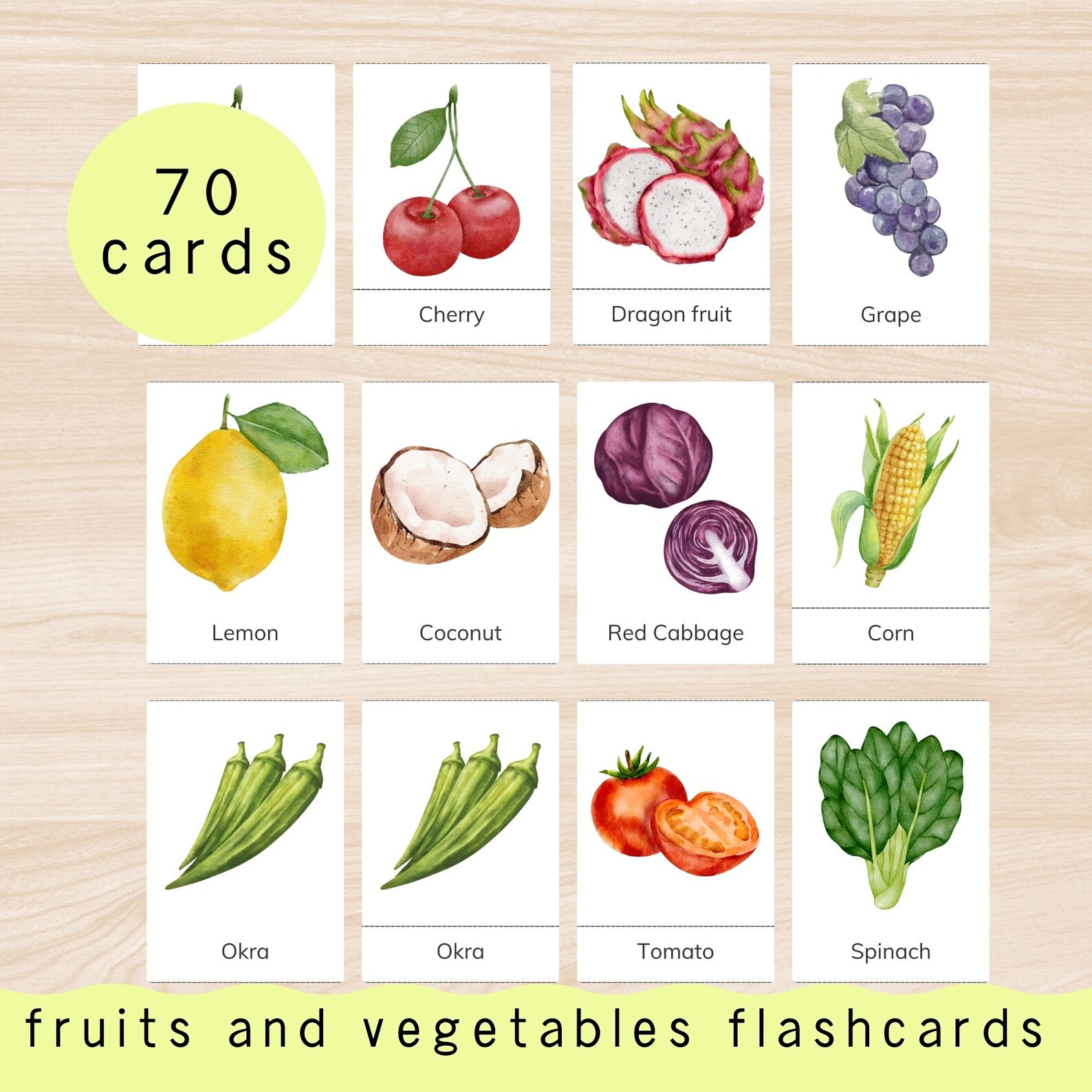 Watercolor Fruits and Vegetables Flash Card, Printable Cards ...