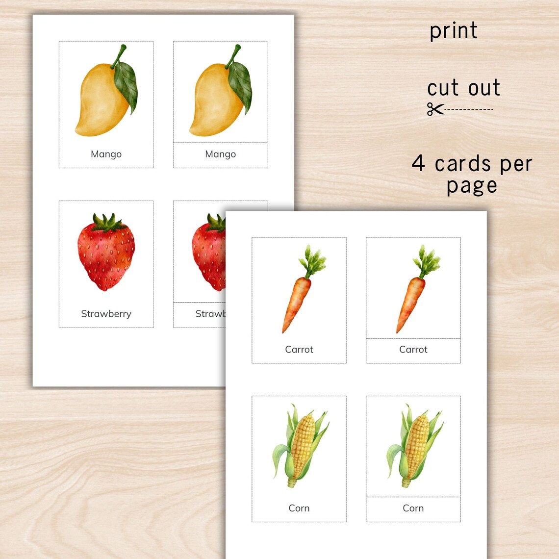 Watercolor Fruits and Vegetables Flash Card, Printable Cards ...