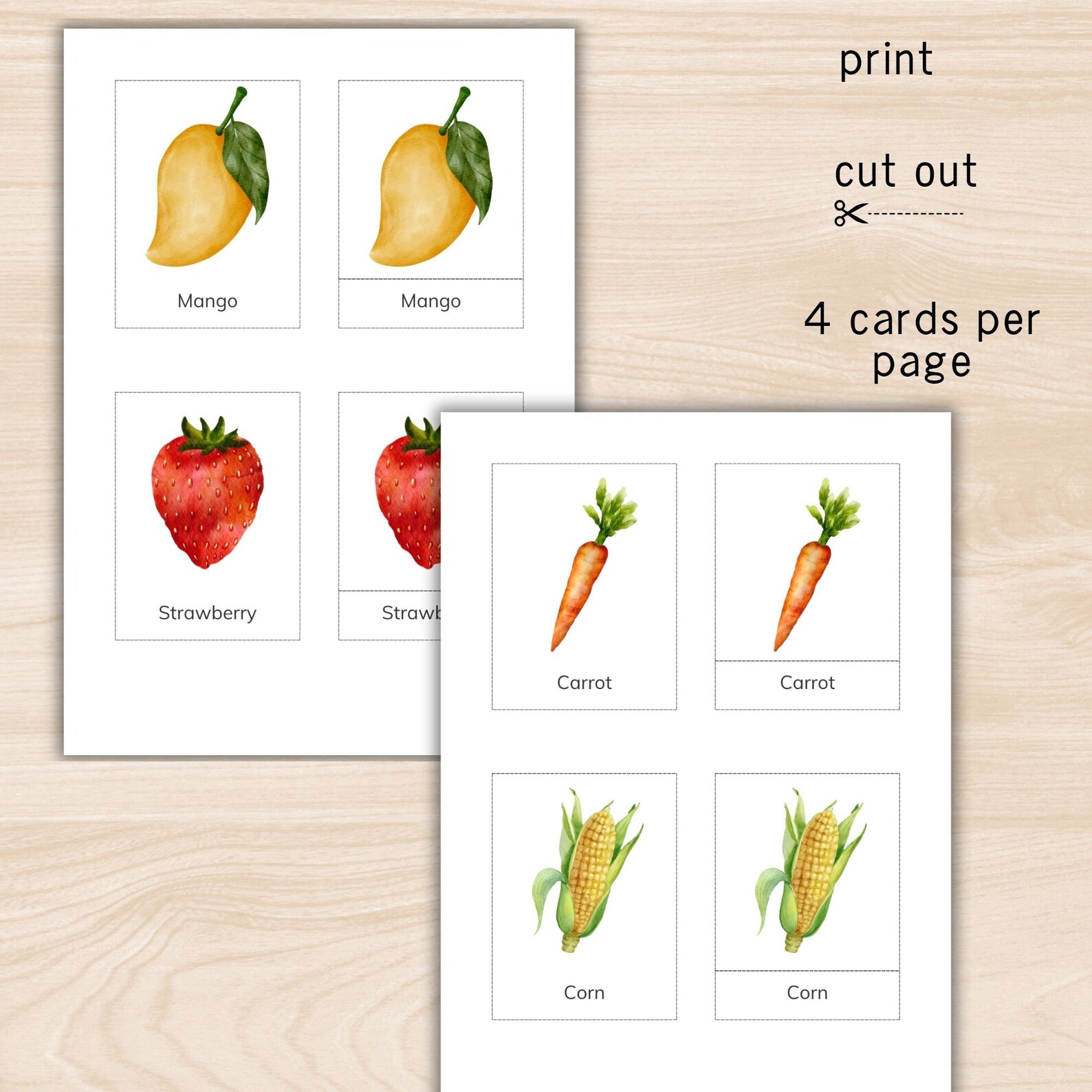 Watercolor Fruits and Vegetables Flash Card, Printable Cards ...