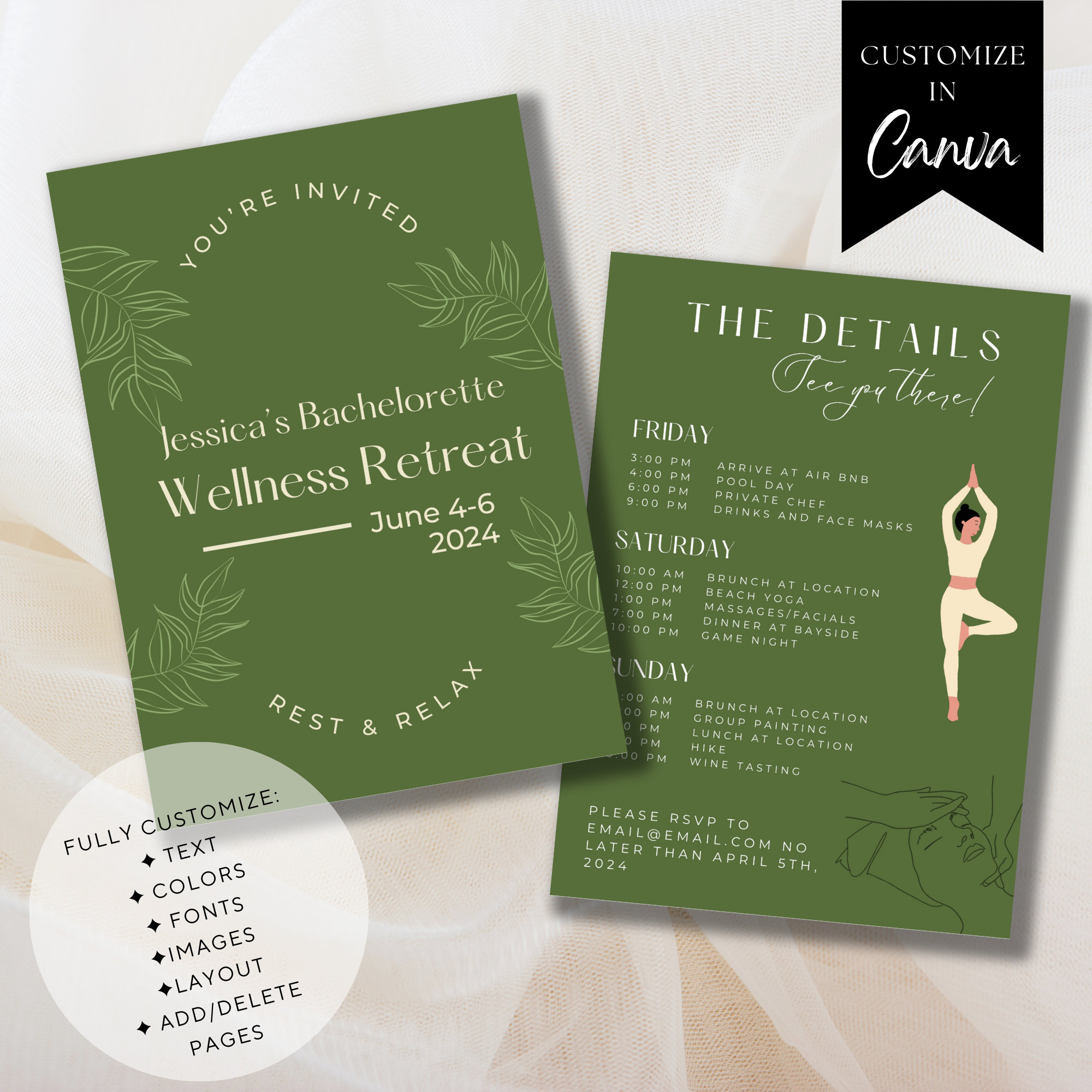 Wellness Retreat Bachelorette Invite, Spa Yoga Relax, Digital Download ...