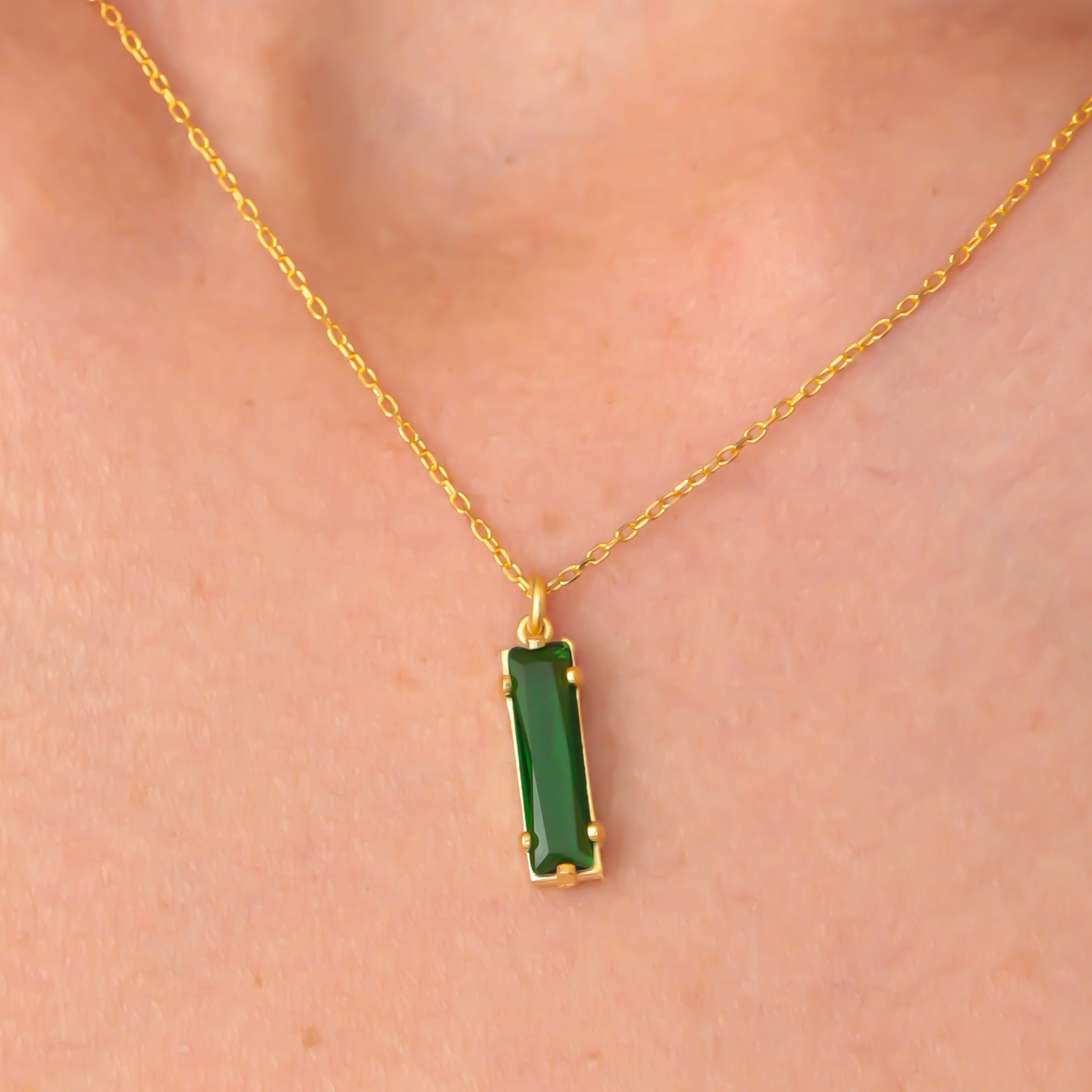 Emerald Green Bar Necklace Sterling Silver, Green Stone Pendant, Dainty ...