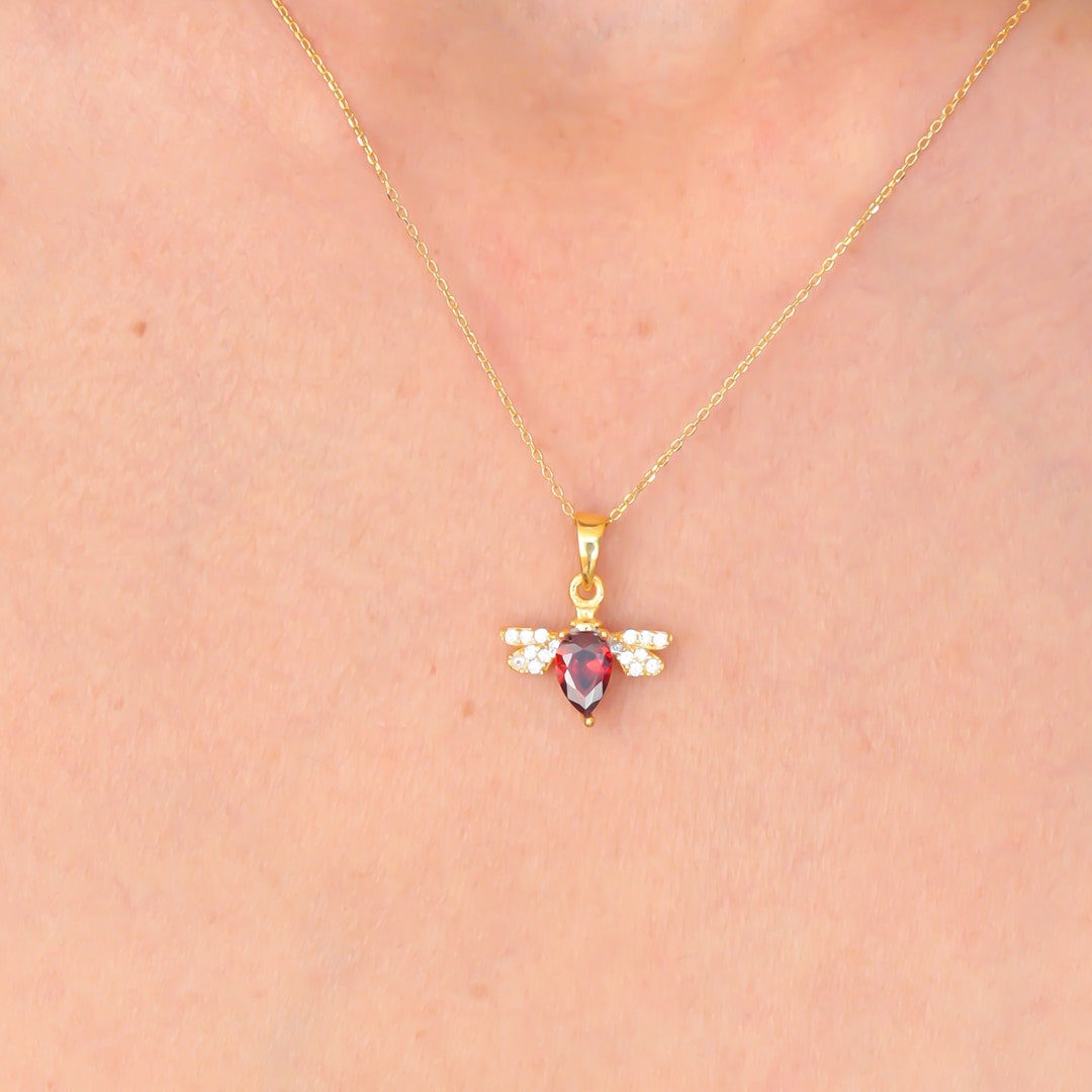 Bee Ruby Necklace, Honeybee Red Gemstone Diamond Pendant, Ladybug ...