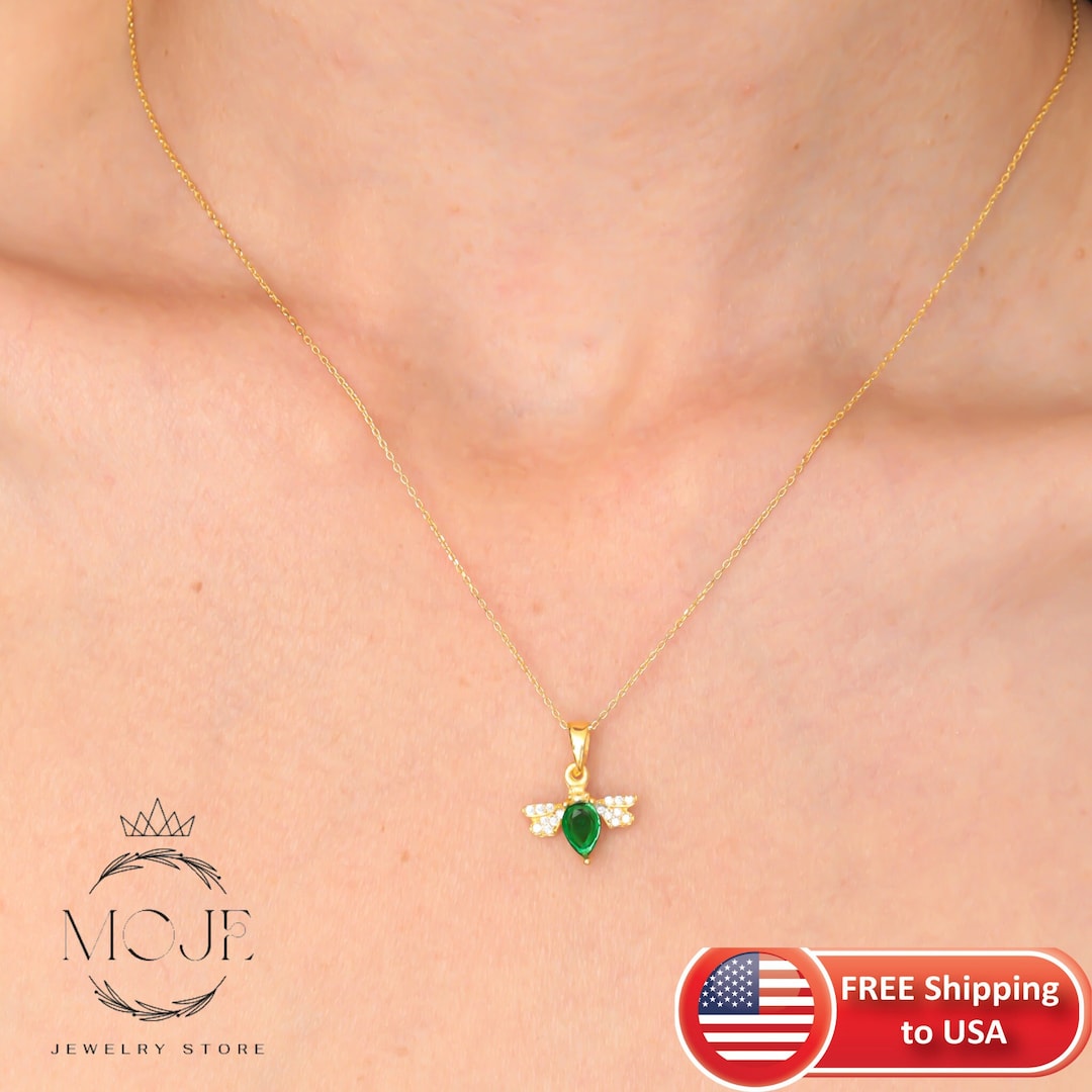 Emerald Honeybee Gold Necklace Emerald Bee Pendant Cute Bug Necklace ...