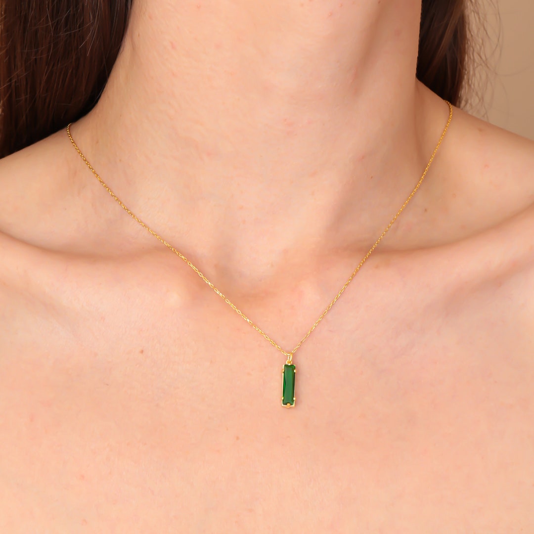 Emerald Green Bar Necklace Sterling Silver, Green Stone Pendant, Dainty ...