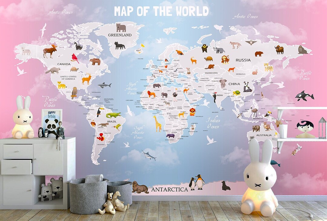 Kids World Map Wallpaper - World Map Wallpaper With Cute Animals ...