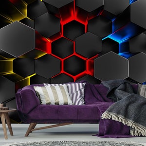 3D Metal Geometric Hexagon Wallpaper - Removable Wallpaper - Peel and ...