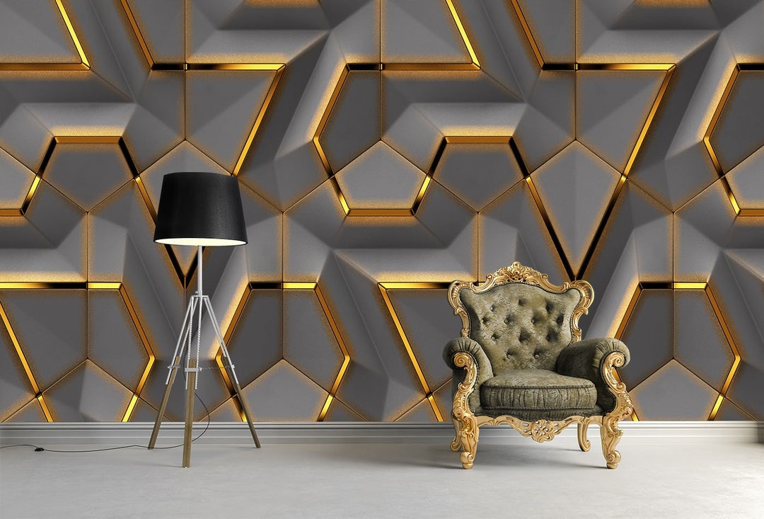 3D Gold Lines Geometric Shape Wallpaper - Grey Background - Removable ...