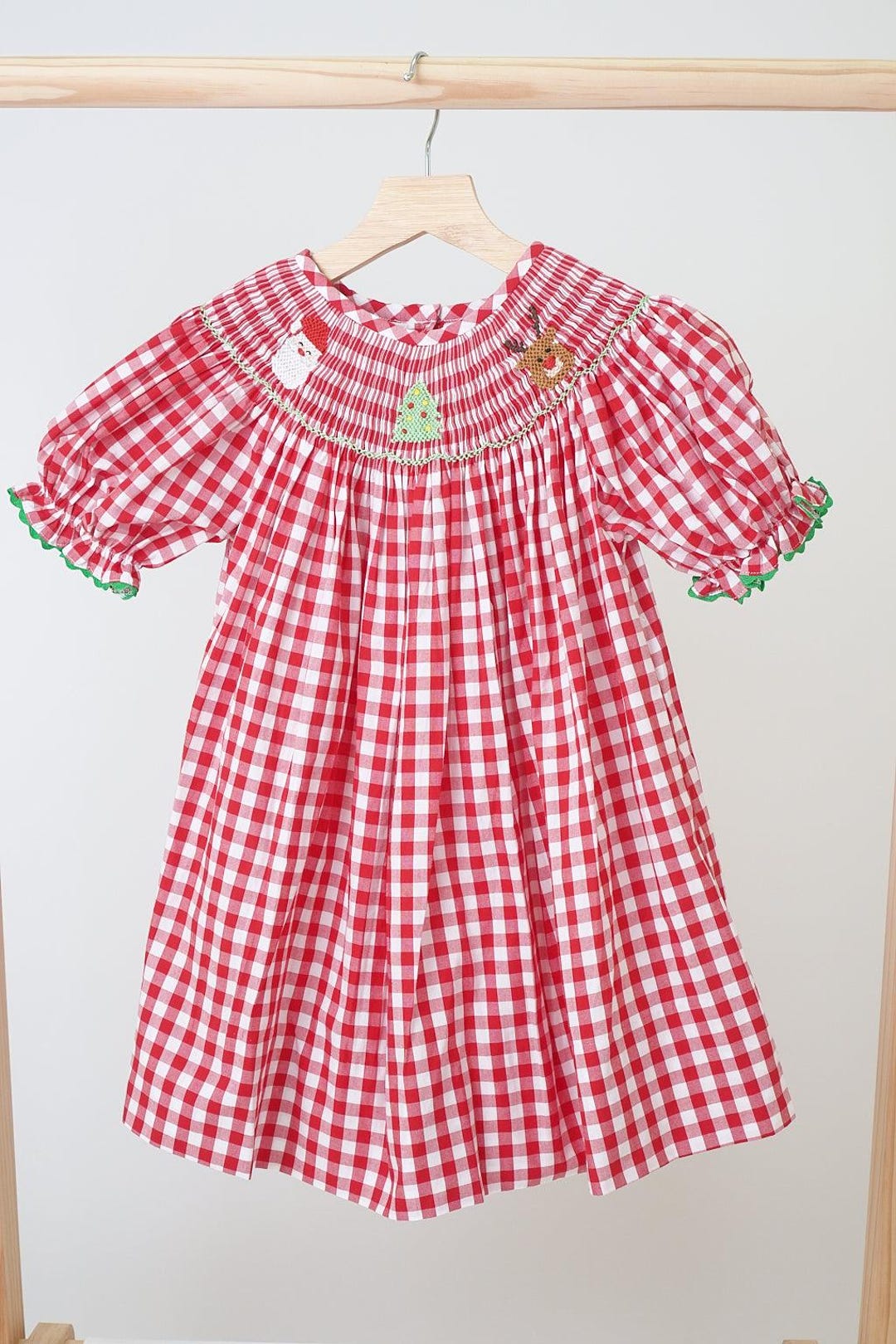 Red Christmas Smock Dress, Smocked Santa Dress, Smocked Christmas Tree ...