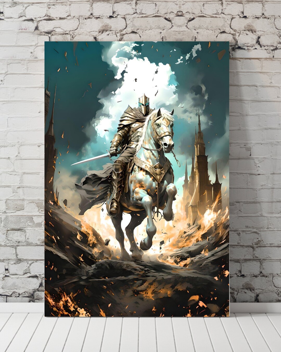 Silver Fire Knight Poster, Medieval Wall Art, Dark Art Decor, Premium ...