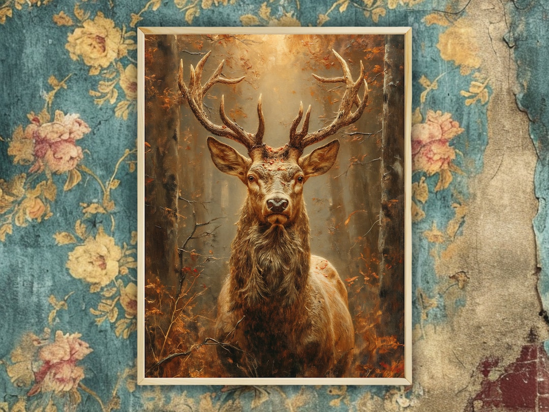 Stag in Forest, Oil Style Paint, Animal Wall Art, Artistic Poster Print ...