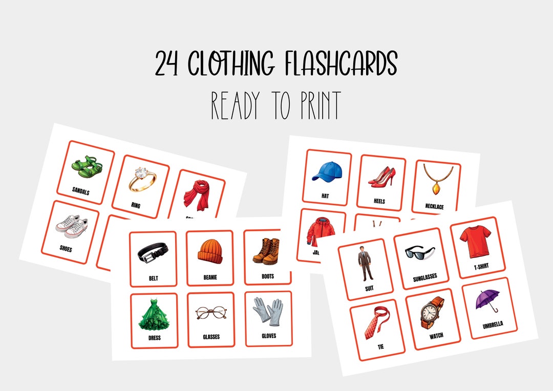 24 Clothes Flash Cards, Preschool Printables, Montessori Flash Cards ...