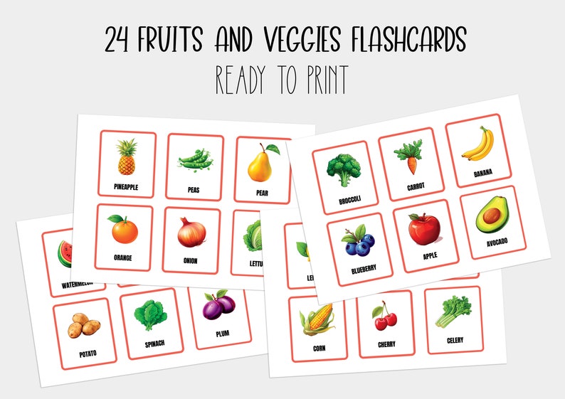 24 Fruits and Vegetables Flash Cards, Preschool Printables, Montessori ...
