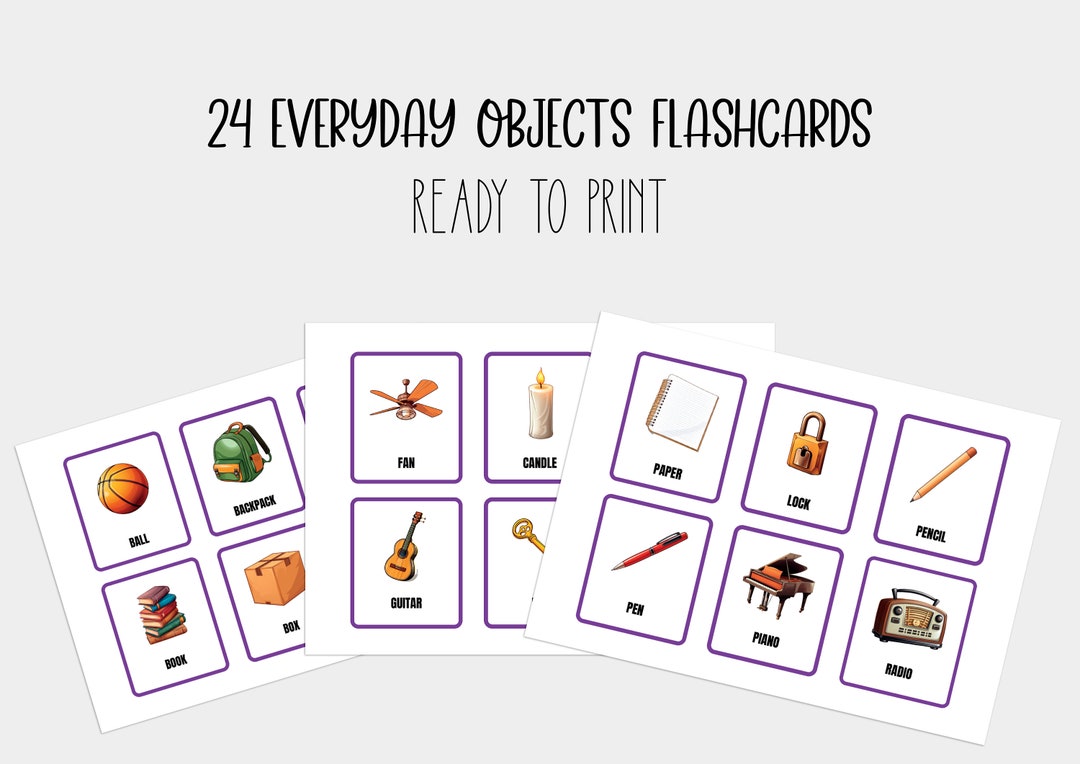 24 Everyday Objects Flash Cards, Preschool Printables, Montessori Flash ...