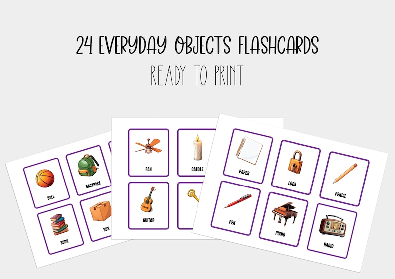 24 Everyday Objects Flash Cards, Preschool Printables, Montessori Flash ...