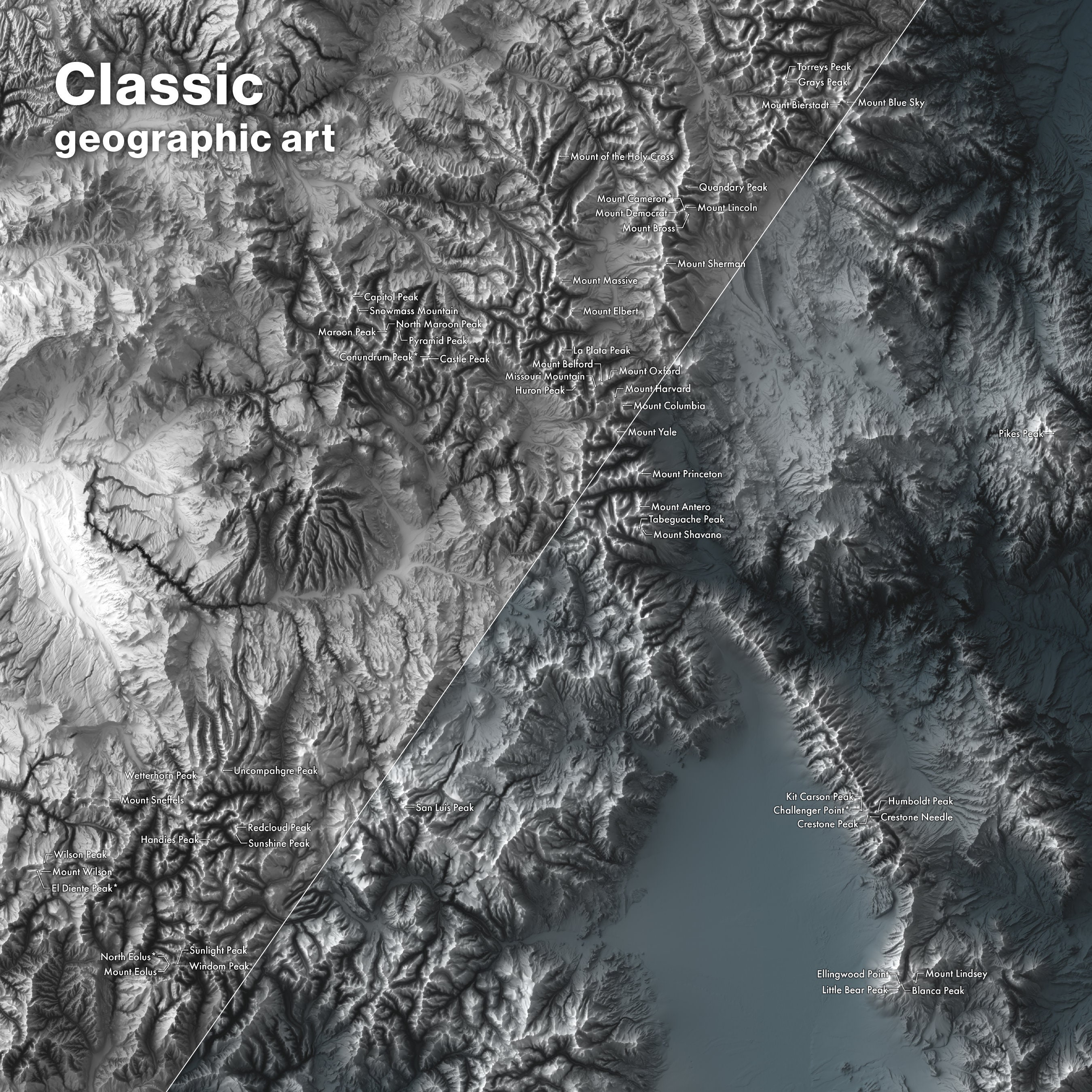 Colorado 14ers Shaded Relief Map Print Modern Topographic Wall Art ...