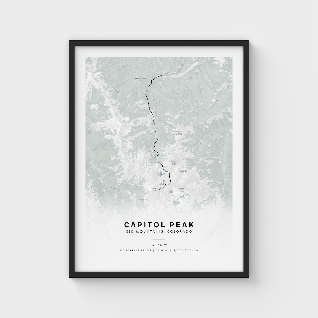 Capitol Peak Trail Map Print | Elk Mountains Colorado Fourteener | Wall ...